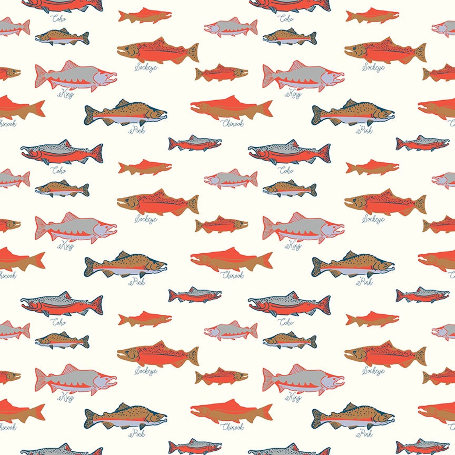 LAMINATED Cotton Fabric - Salmon Fish on Cream (sold Continuous by the ...