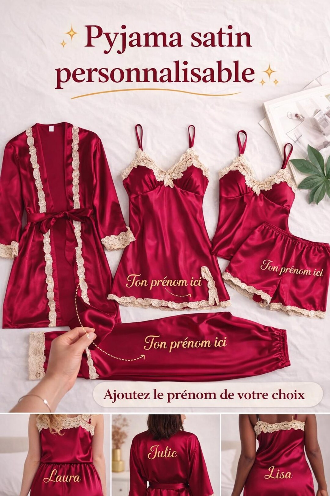Personalized Red Satin Pyjamas for Women – Customizable Sleep Set ...