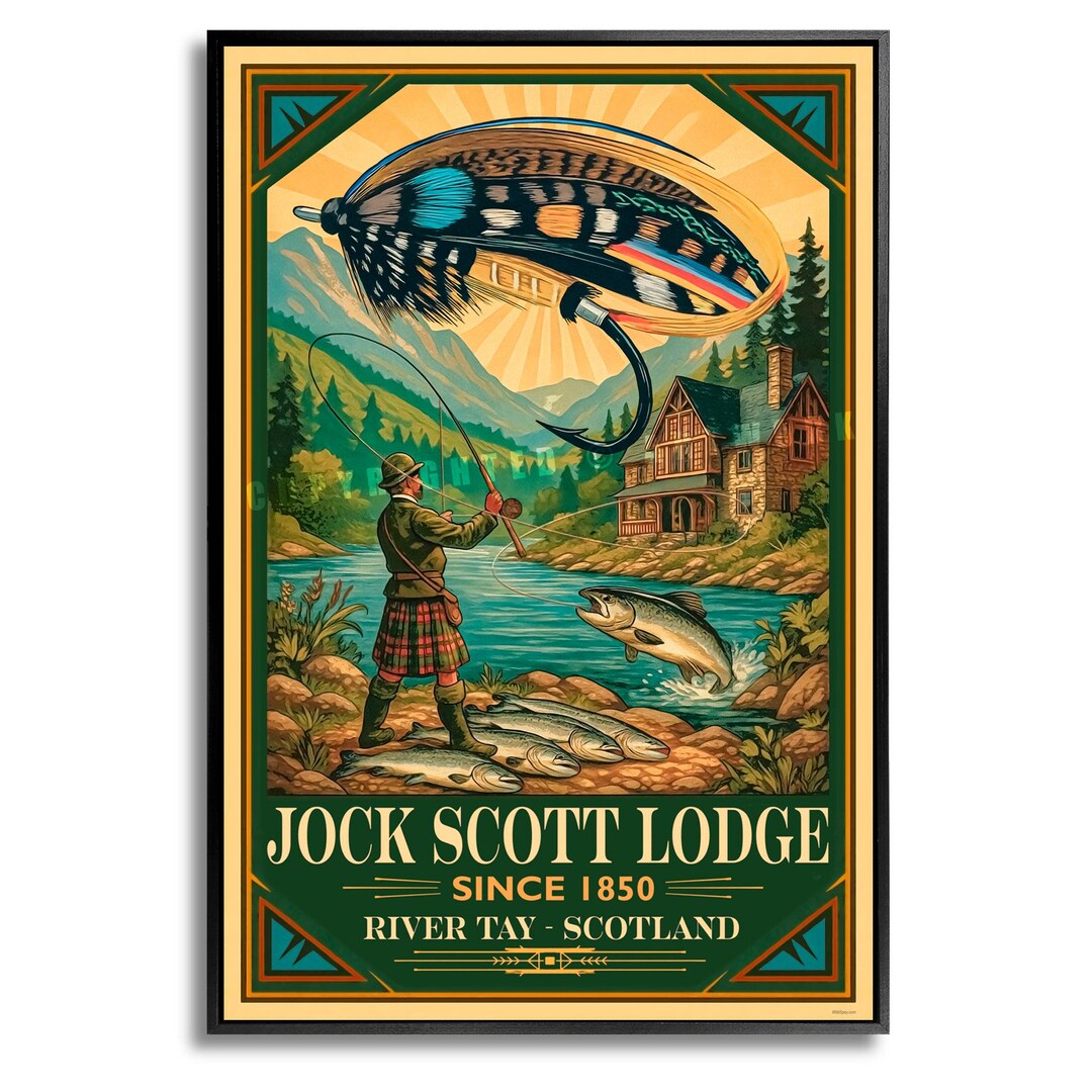 Jock Scott Lodge - Travel Poster Historical Fly Fishing Lodge Art Print ...