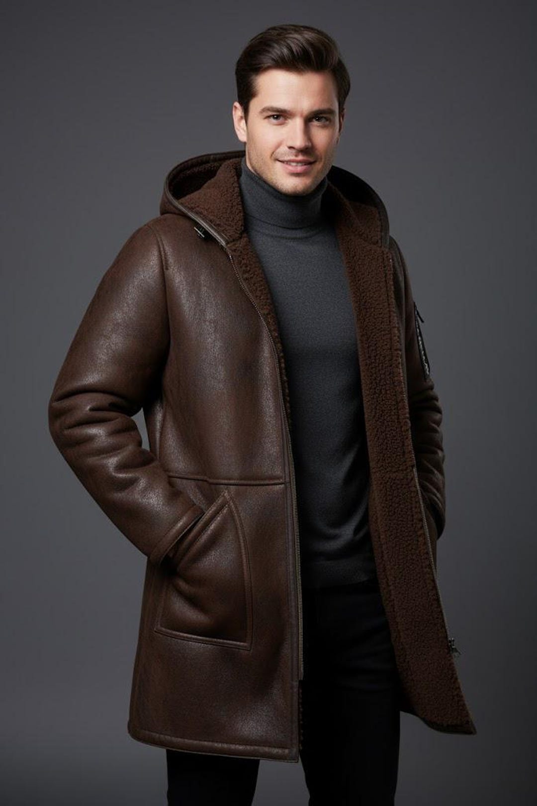 Men's Shearling Leather Coat | Handmade Sheepskin Fur Lined Hooded Coat ...