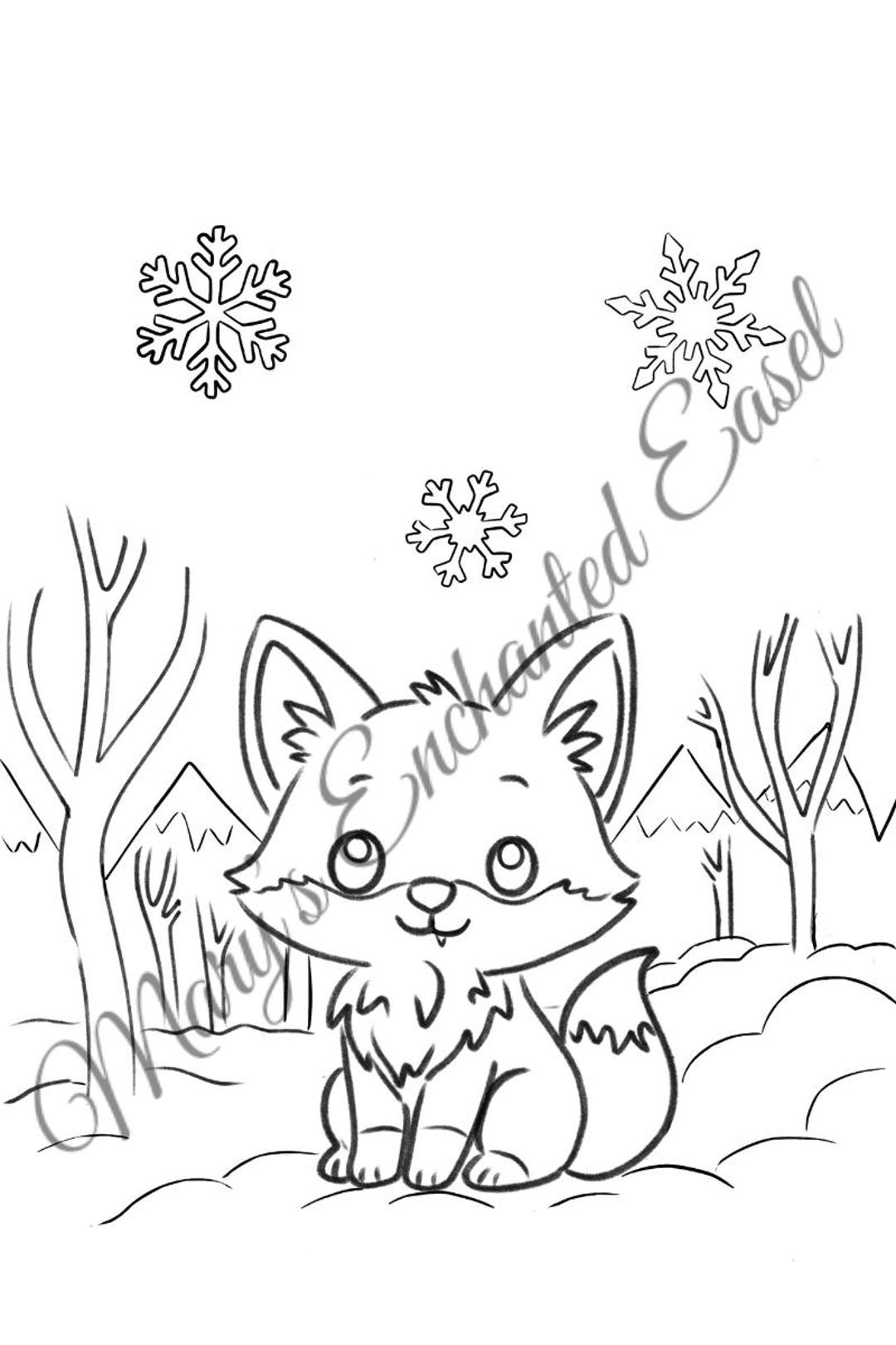 Winter Fox Coloring Page: Woodland Line Art (digital Download) - Etsy
