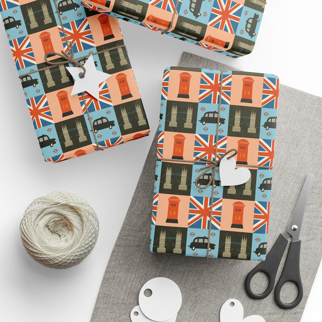 British Icons Wrapping Paper | Union Jack, Telephone Booths, Teapot ...