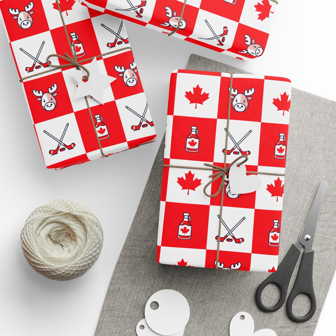 Canadian Themed Wrapping Paper, Maple Leaf & Hockey Design - Etsy
