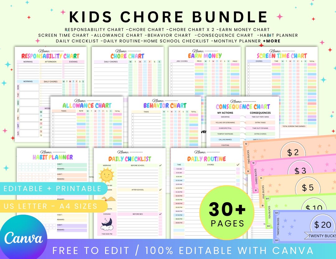 Editable Kids Chore Chart Bundle, School, Reward, Allowance, Daily ...