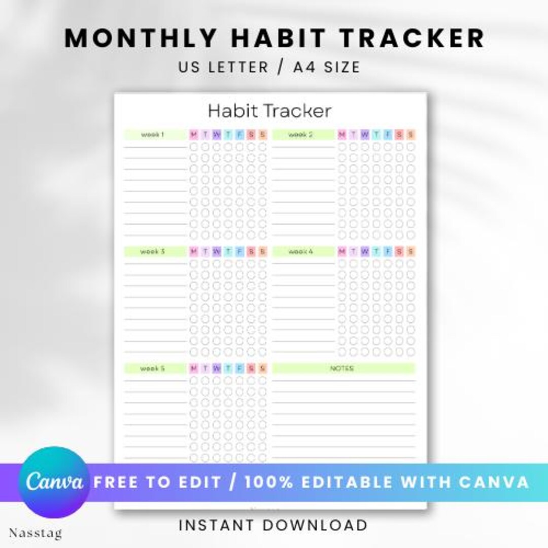 Editable Monthly Habit Tracker, Minimalist Design (A4/US Letter Digital ...