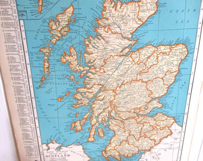 Vintage Scotland Map: 1940s Orange & Blue Atlas Page - Etsy
