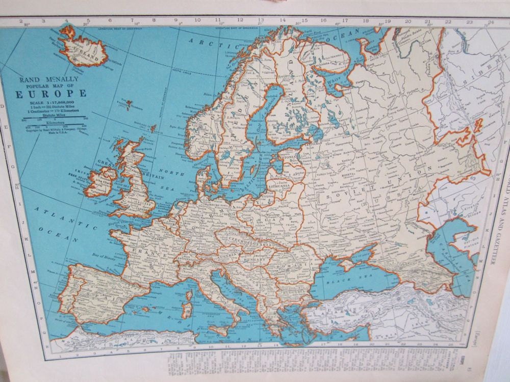 Map of Europe, Map of Europe, 1930's, Vintage Map of Europe, Orange and ...