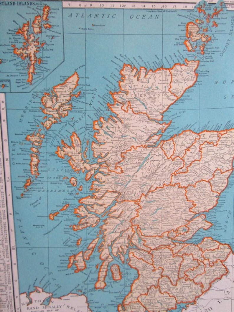 Vintage Scotland Map: 1940s Orange & Blue Atlas Page - Etsy