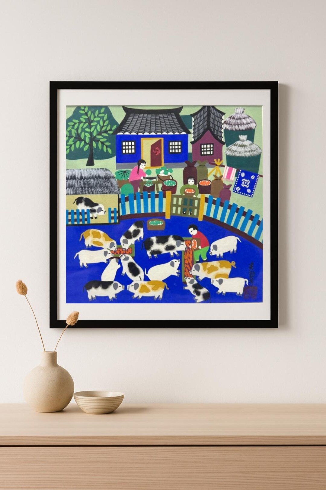 Chinese Folk Art Painting – Verdant Pig Farm 6.7x6.7 Inch (17x17cm ...