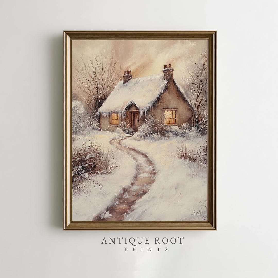 Cozy Snowy Cottage Art Print | Printable Wall Art | Rustic Cottagecore ...
