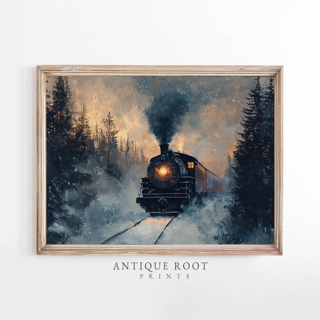 Steam Train in Snowy Forest Winter Wall Art - Rustic Moody Locomotive ...