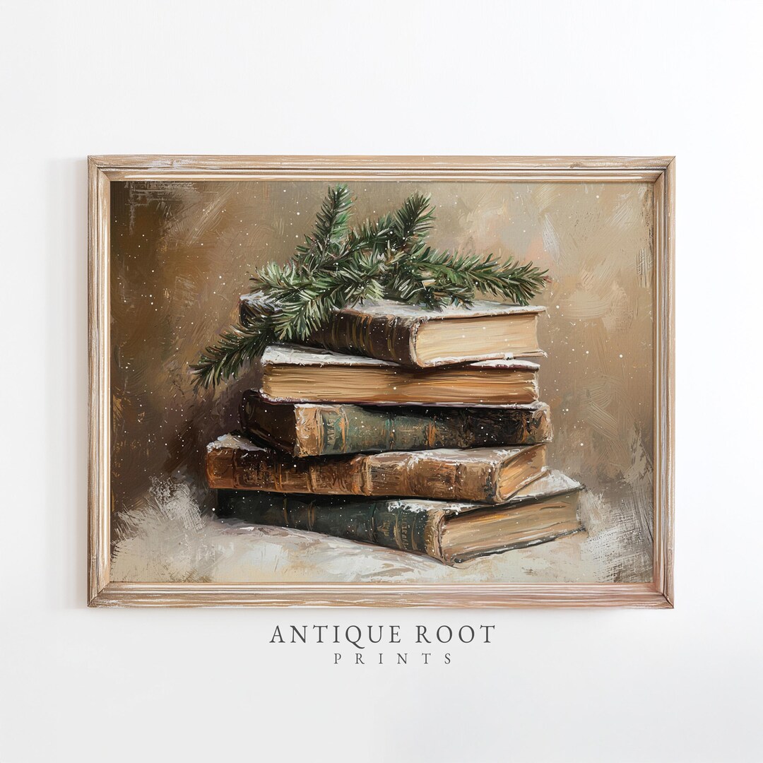 Stack of Old Books With Pine - Rustic Vintage Still-life Painting, Dark ...