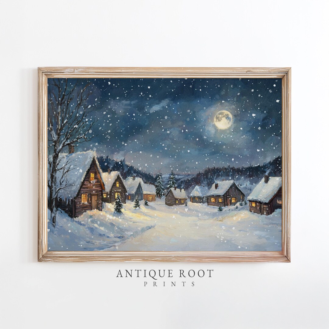 Snowy Village Under Moonlight Impressionist Oil Painting - Cozy Winter ...