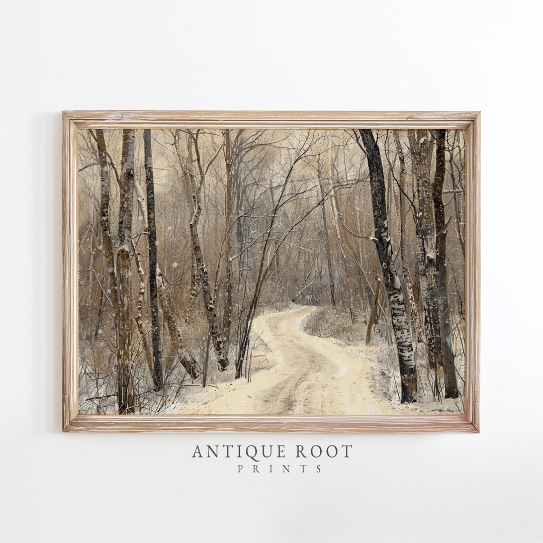 Snowy Forest Path Winter Painting - Moody Serene Scene With Birch Trees ...