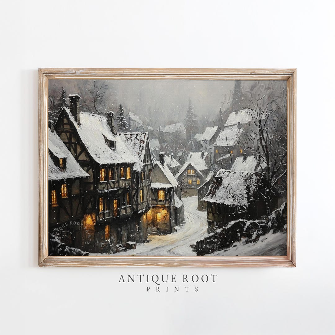 Winter Village Scene Printable, Cozy Rustic Wall Art, Vintage Cottage ...