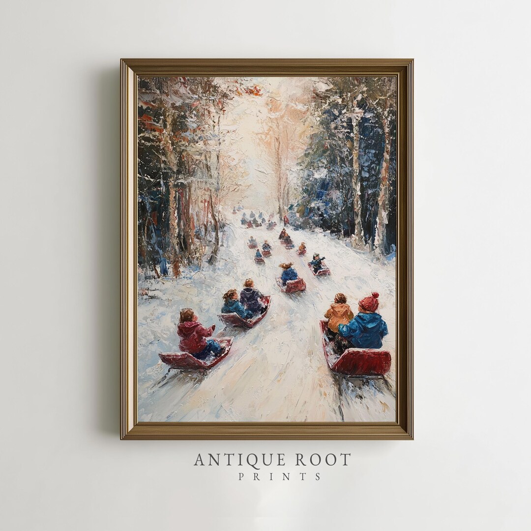 Children Sledding Winter Scene Art Print - Cozy Christmas Kids Painting ...