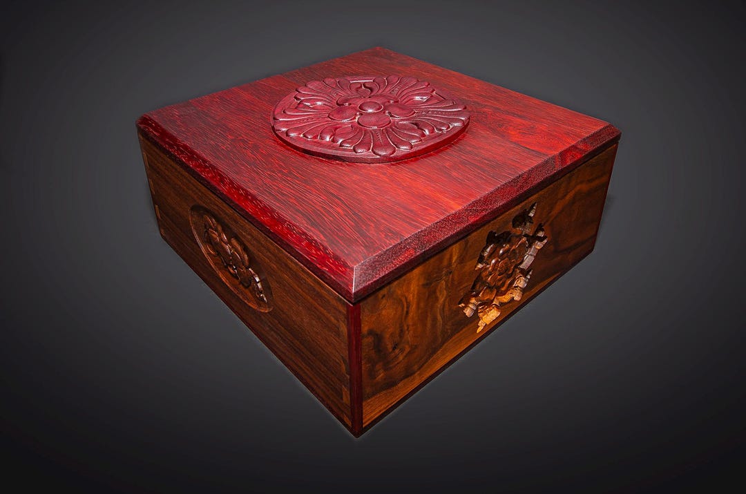 Handcrafted Exotic Wood Keepsake Box, Carved Floral Themed Wooden ...
