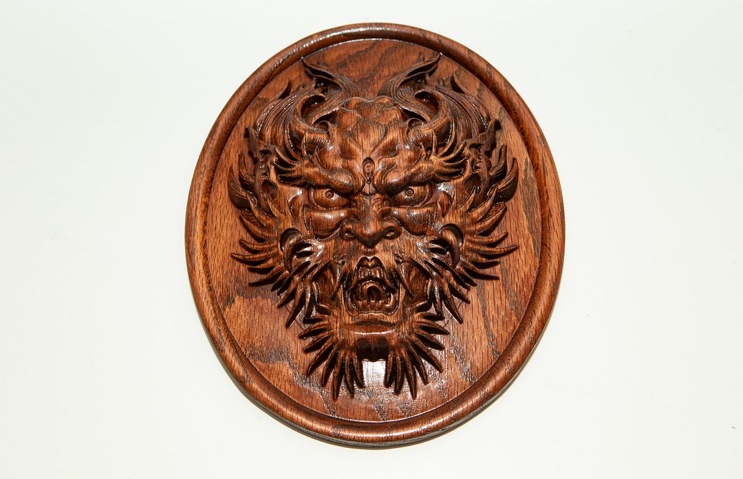 Hanging Demon Wooden Carving, Carved Oak Wall Art, Scary Devil ...