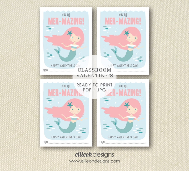 DIGITAL DOWNLOAD | Printable Mermaid Valentine | Printable Valentine ...