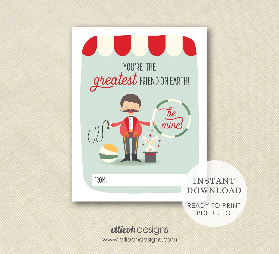 DIGITAL DOWNLOAD Printable Circus Valentine Valentine Card Classroom ...