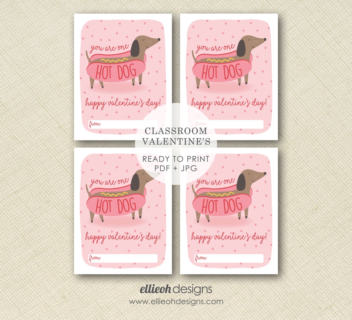 INSTANT DOWNLOAD Printable Hot Dog Valentine Cute Wiener Dog Valentine ...