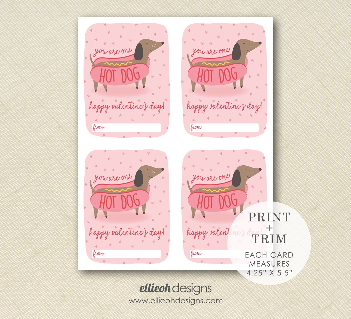 INSTANT DOWNLOAD Printable Hot Dog Valentine Cute Wiener Dog Valentine ...
