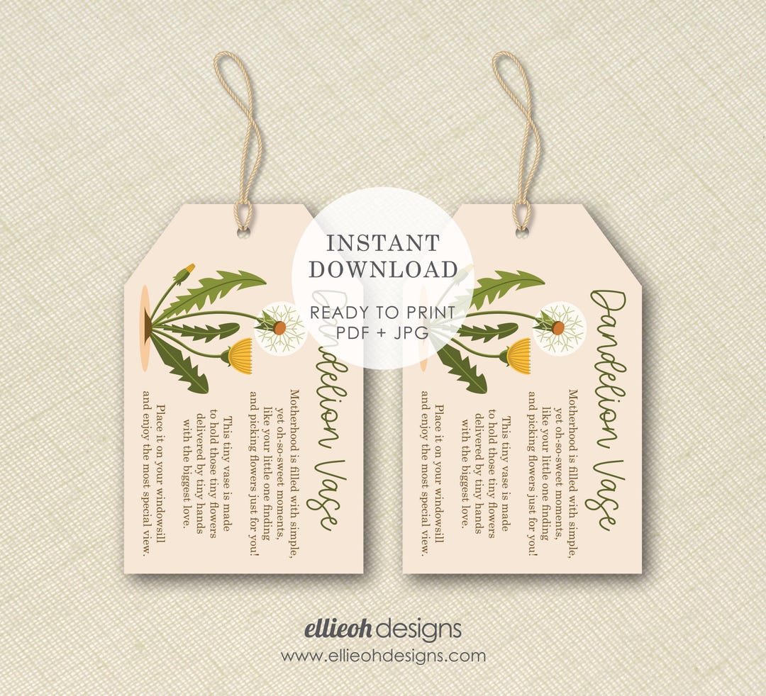 Printable Dandelion Vase Tag. INSTANT DOWNLOAD. Printable Tag. Baby ...