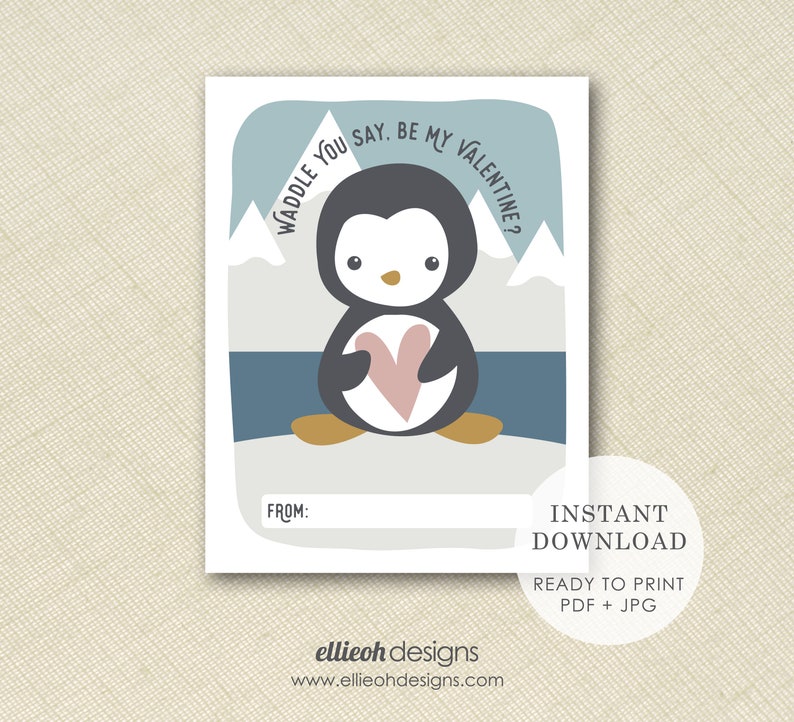 DIGITAL DOWNLOAD | Printable Penguin Valentine | Printable Valentine ...