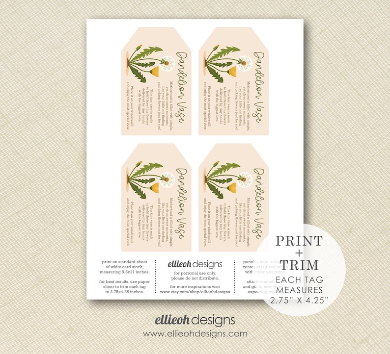 Printable Dandelion Vase Tag. INSTANT DOWNLOAD. Printable Tag. Baby ...