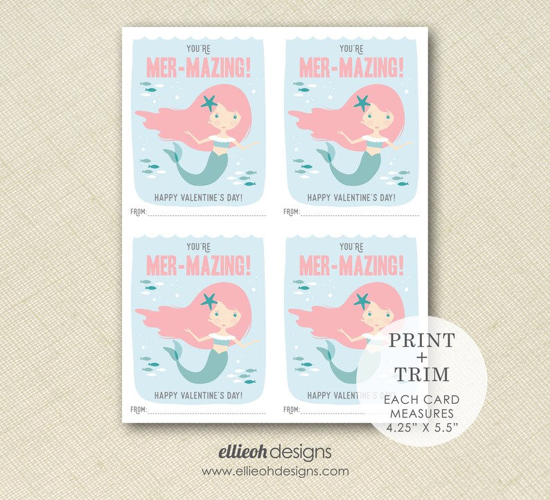 DIGITAL DOWNLOAD | Printable Mermaid Valentine | Printable Valentine ...