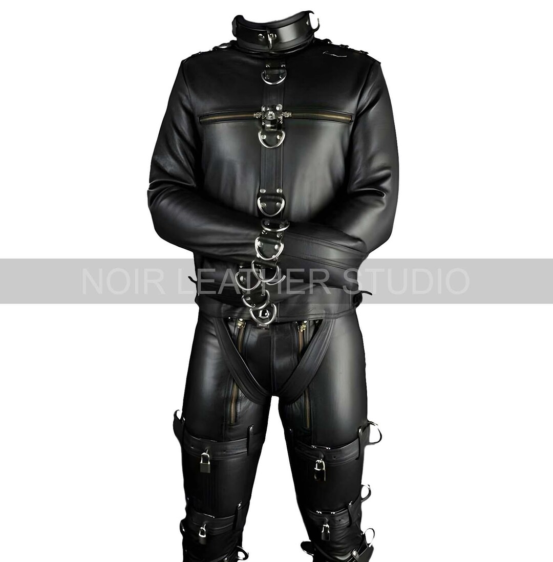 Men's Real Black Leather Straitjacket With Leather Zipper Pants | Full ...