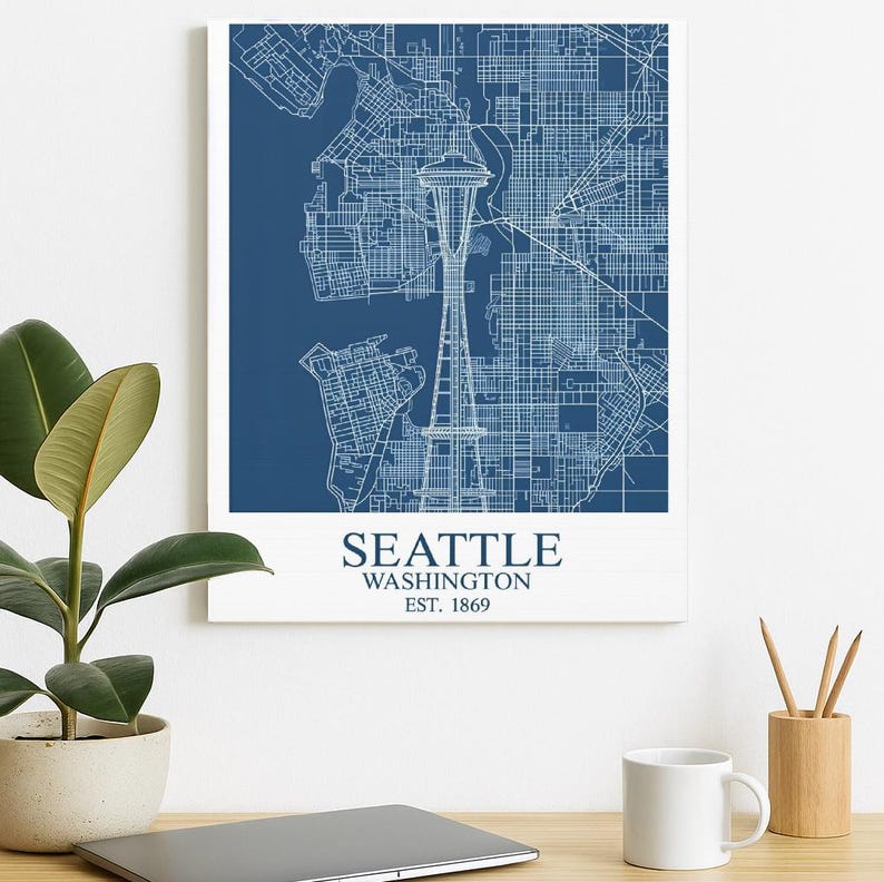 Seattle Blueprint Map | Space Needle City Map Canvas | Adventure ...