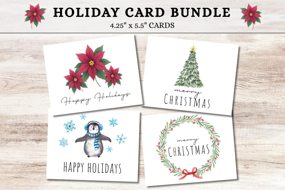 Printable Holiday Card & Gift Tag Set of 4, Minimalist Watercolor ...
