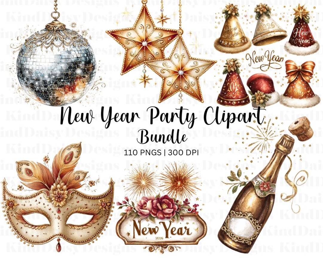 New Year Party Clipart Bundle | 2026 PNG + Reusable Gold Silver Black ...
