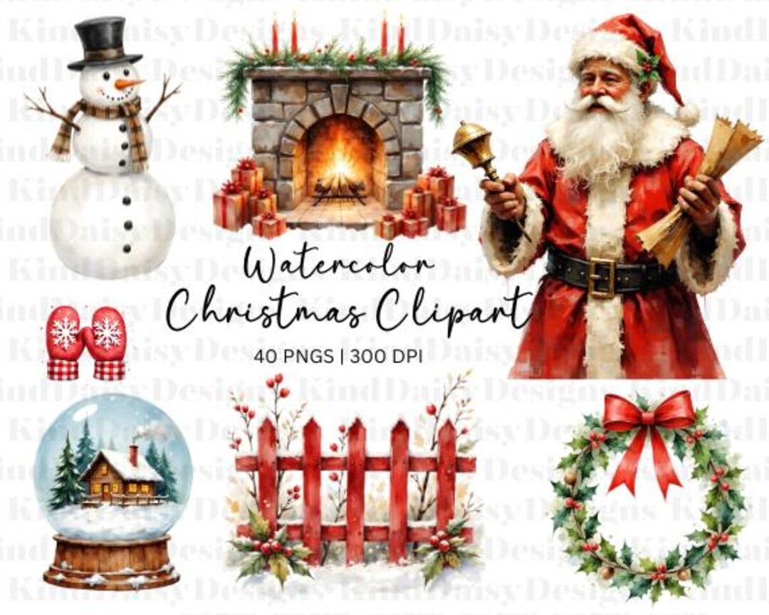 Watercolor Christmas Clipart Bundle, Classic Holiday PNG (digital ...