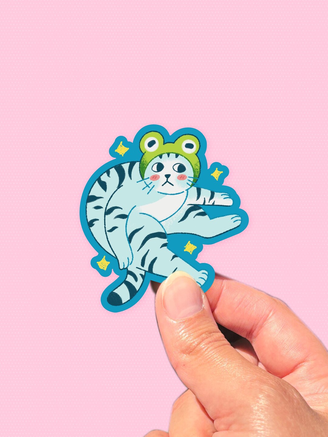 Cute Frog Hat Cat Sticker | Blue Cat Waterproof Vinyl for Water Bottle ...