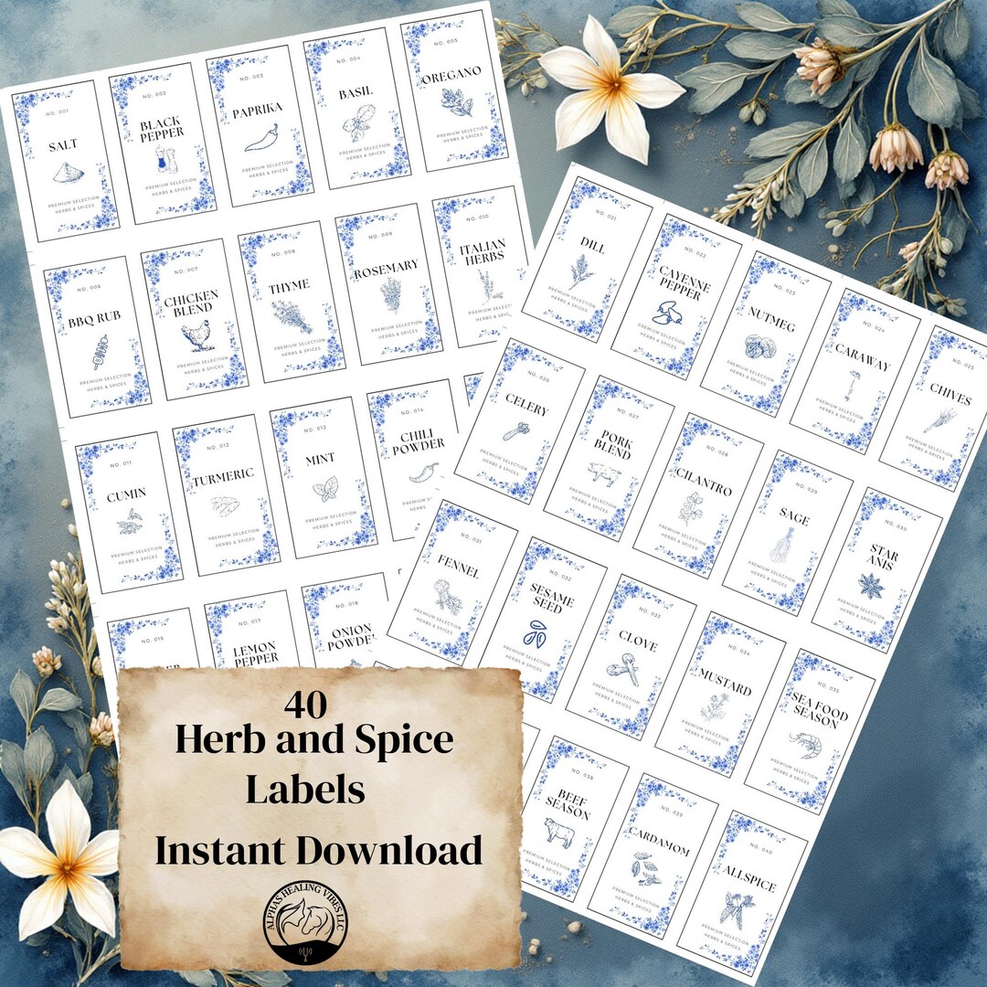 Spice Jar Labels, Herb Labels, Blue Floral, Farmhouse Kitchen, Vintage ...