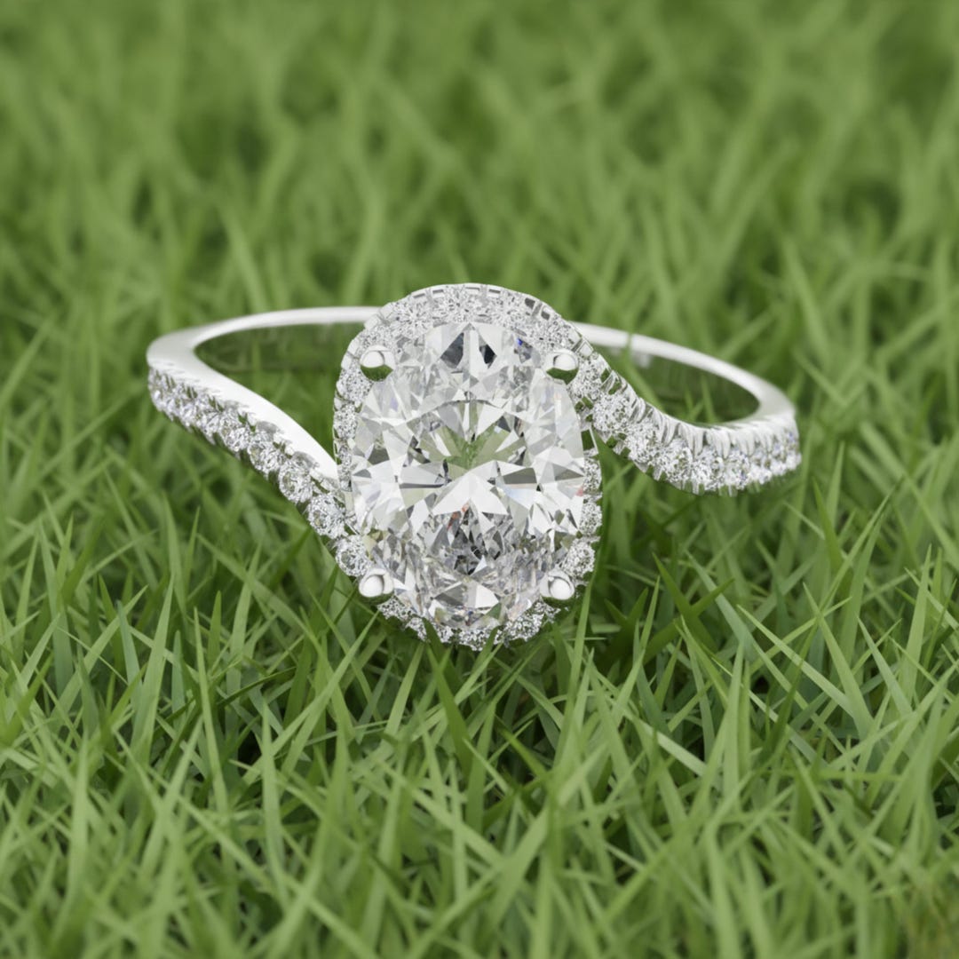 Oval Diamond Halo Bypass Engagement Ring | Swirl Pave Split Shank ...