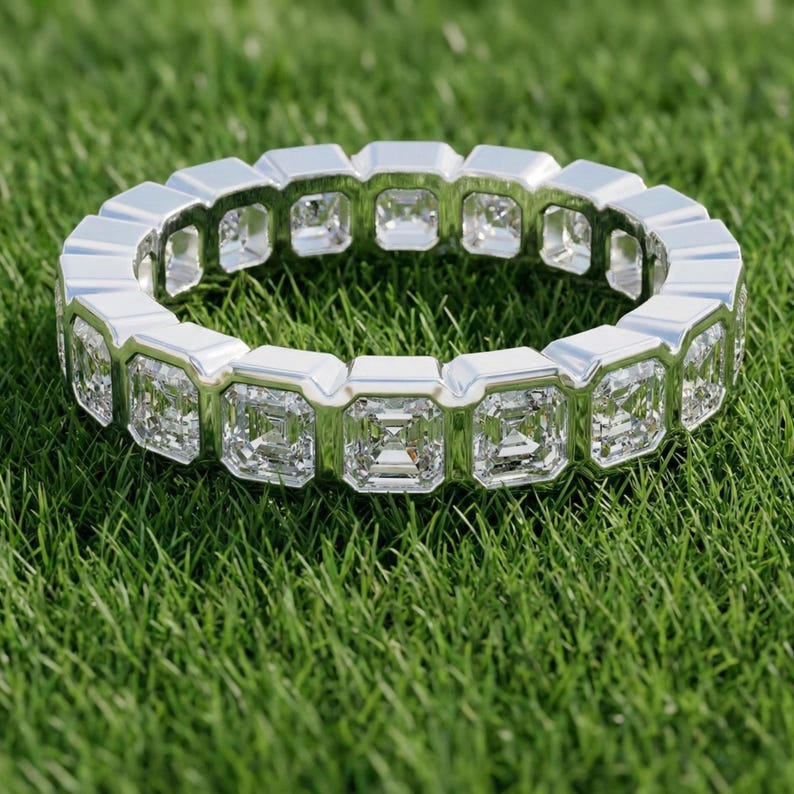 White Gold Asscher Cut Diamond Eternity Wedding Ring, Bezel Set Step ...