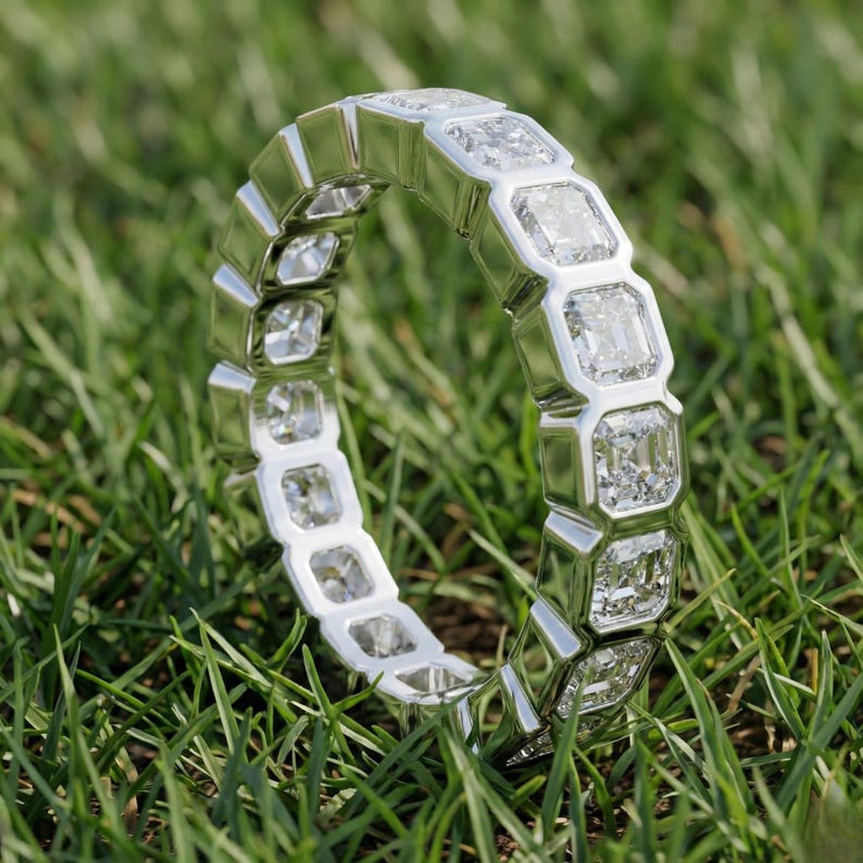 White Gold Asscher Cut Diamond Eternity Wedding Ring, Bezel Set Step ...