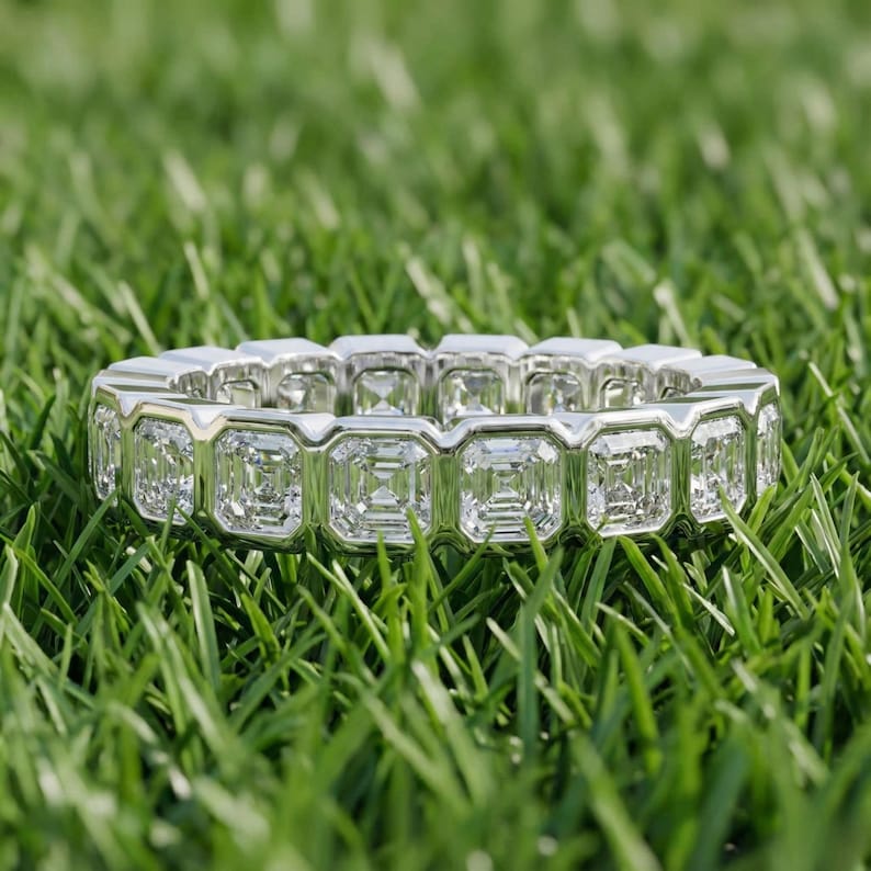 White Gold Asscher Cut Diamond Eternity Wedding Ring, Bezel Set Step ...