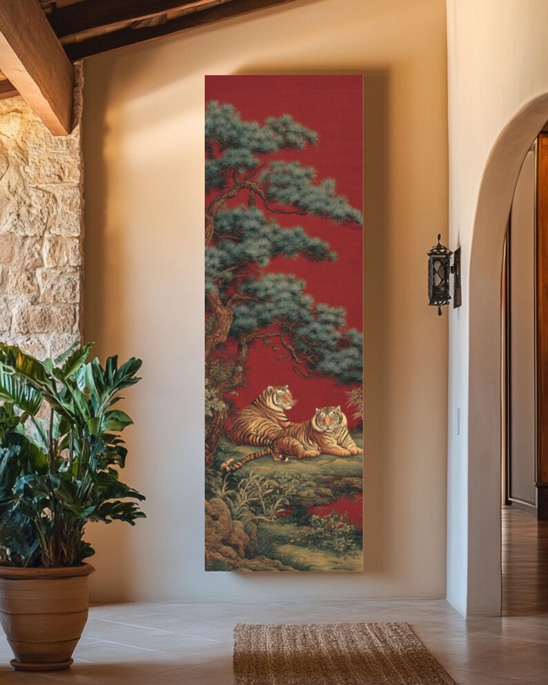 Luxurious Twin Tiger Chinese Painting – Red Background Canvas, Pine ...