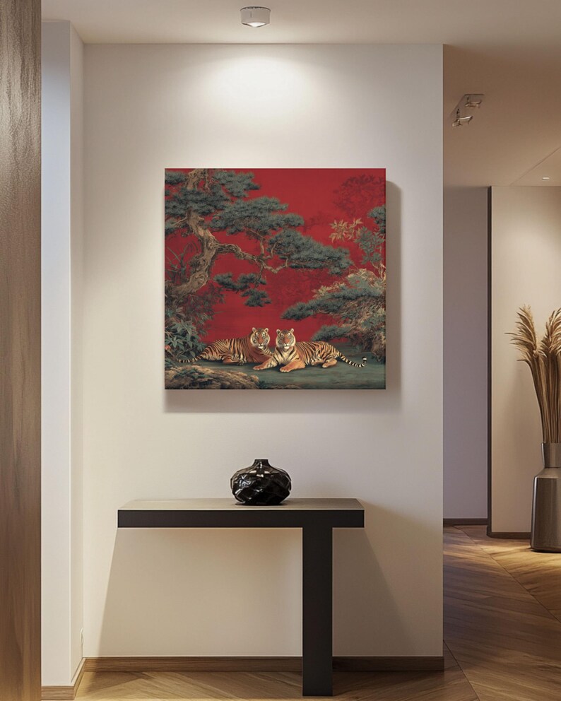 Luxurious Chinese Tiger Art – Resting Tigers on Red Background With ...