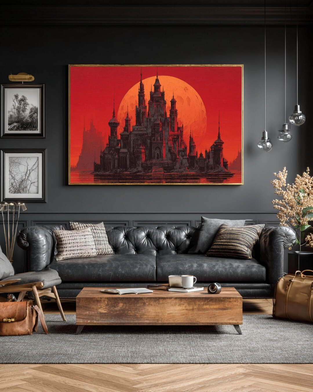 Luxurious Vampire Castle Art – Gothic Red & Black Horizontal Abstract ...