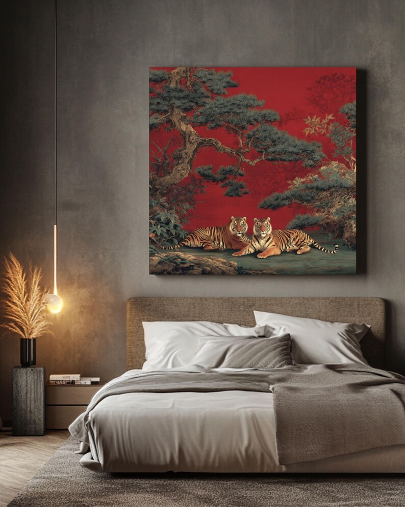 Luxurious Chinese Tiger Art – Resting Tigers on Red Background With ...