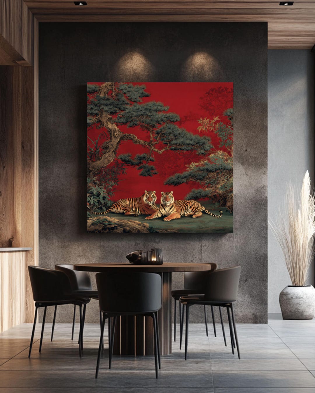 Luxurious Chinese Tiger Art – Resting Tigers on Red Background With ...