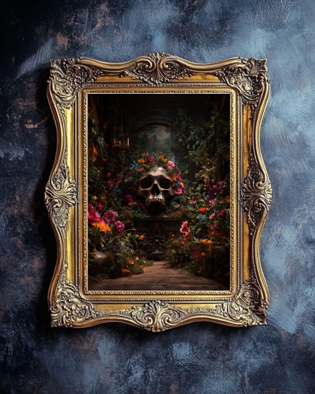 Luxurious Dark Room Poster – Eerie Plant & Flower Skull, Colorful ...