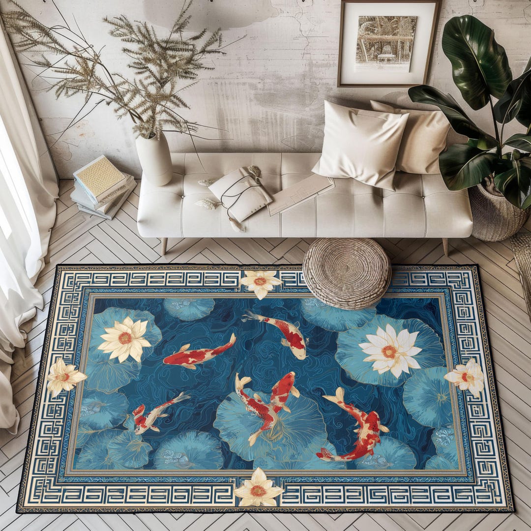 Elegant Japanese Koi Fish Area Rug, Vibrant Water Lily Pond Design Home ...
