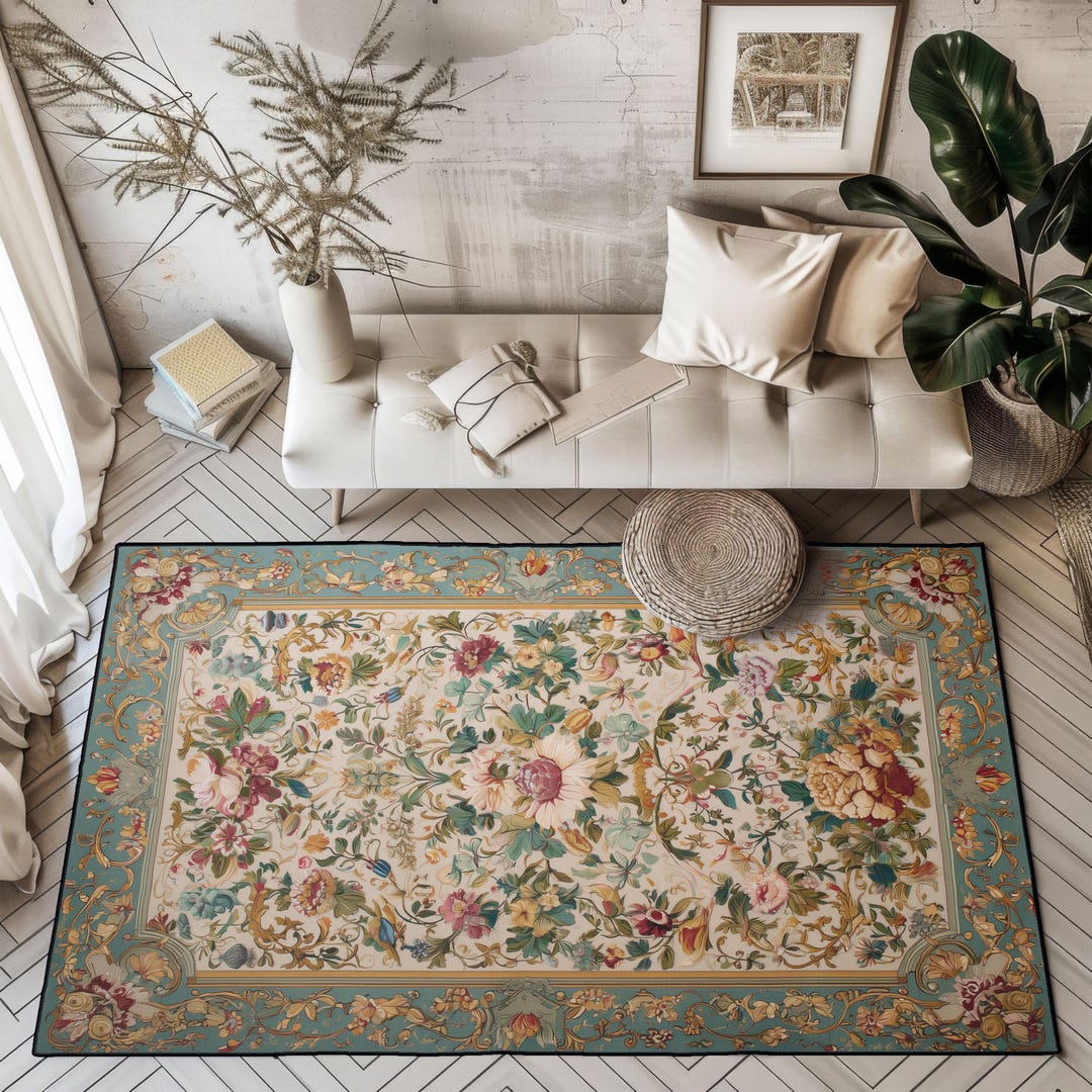 Vintage Floral Garden Rug, French Country Cottagecore Area Rug, Elegant ...
