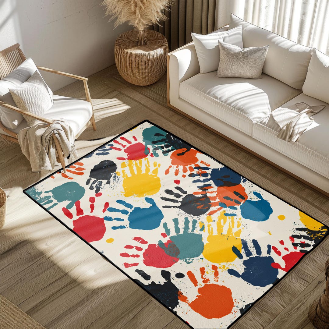 Colorful Handprint Rug, Gift for Art Teacher Area Rug, Kids Playroom ...